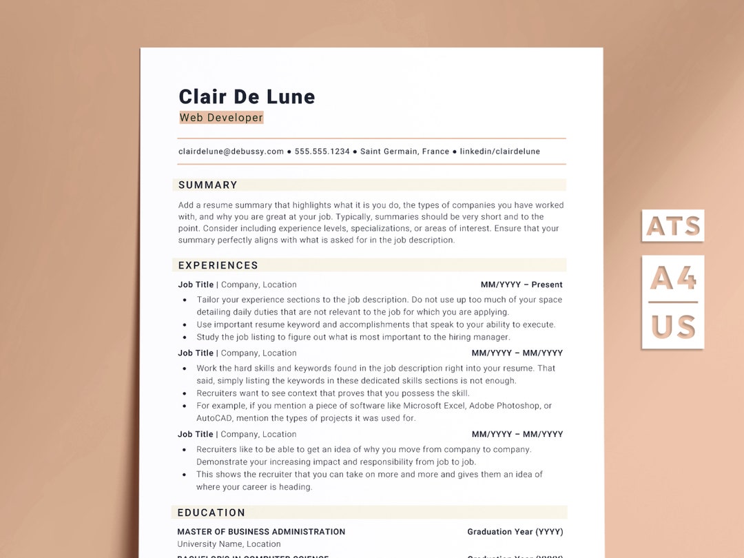 ATS Resume Template for MS Word, Google Docs, Ats Friendly Cv, Standart ...