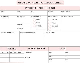 4 Patient Nurse "brain" Sheet, Report Sheet, Med Surg Report Sheet Template, New Grad, Student ...
