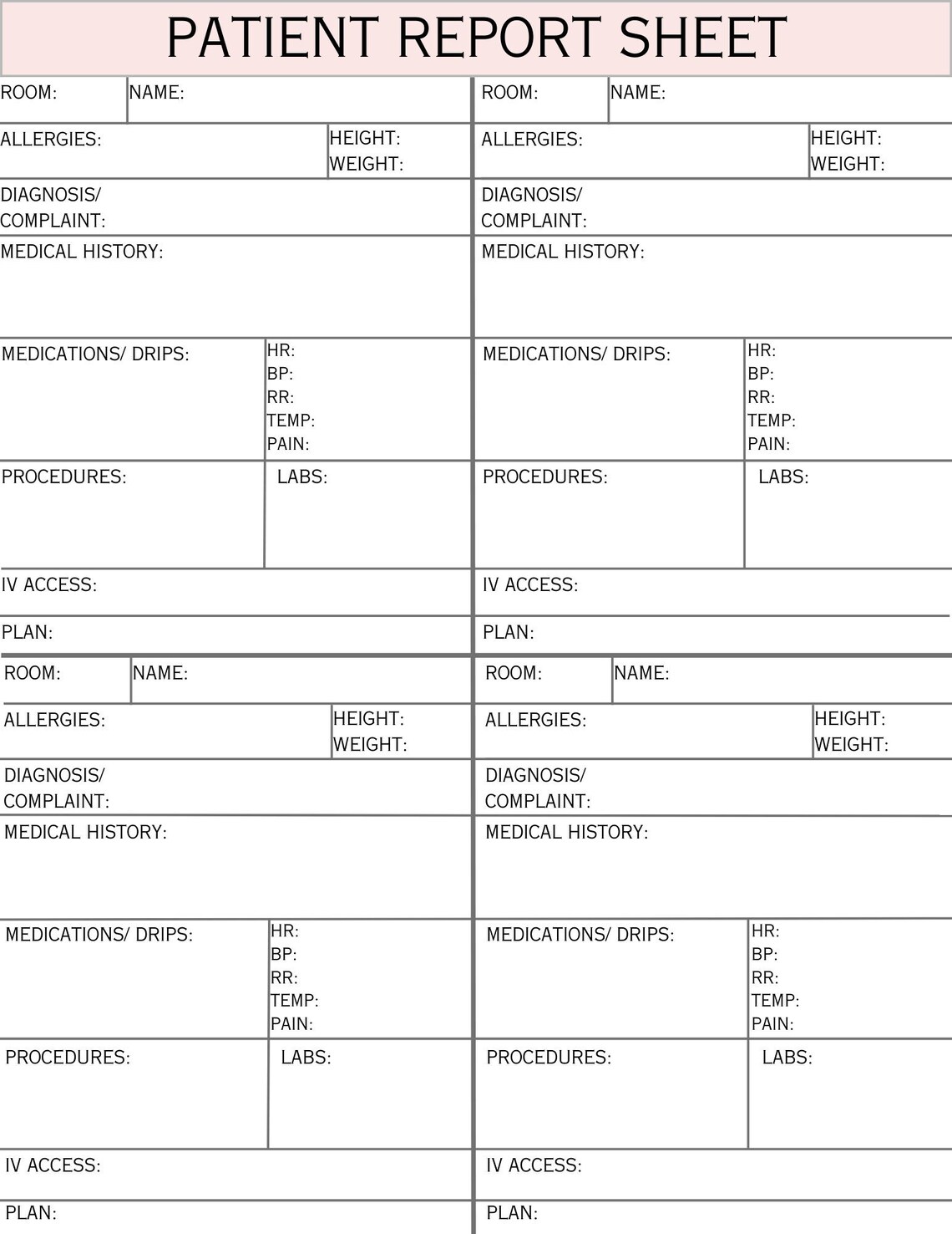 4 Patient RN Report Sheet - Etsy