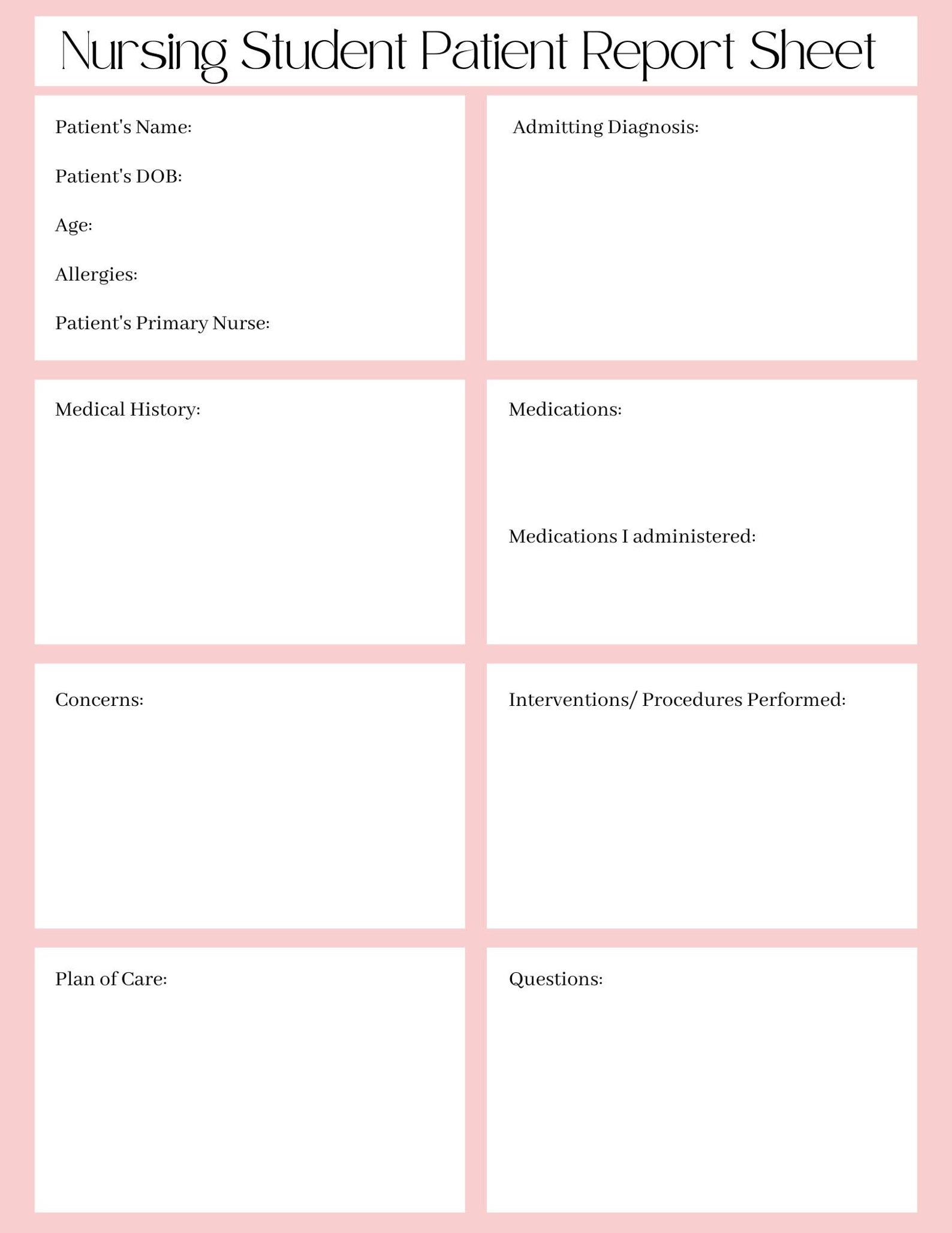 Nursing Student Patient Report Template - Etsy