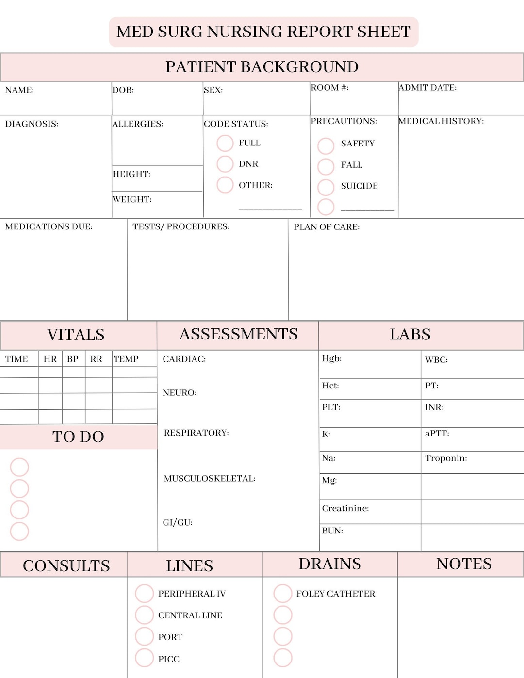 Med Surg Nurse Patient Report Sheet - Etsy
