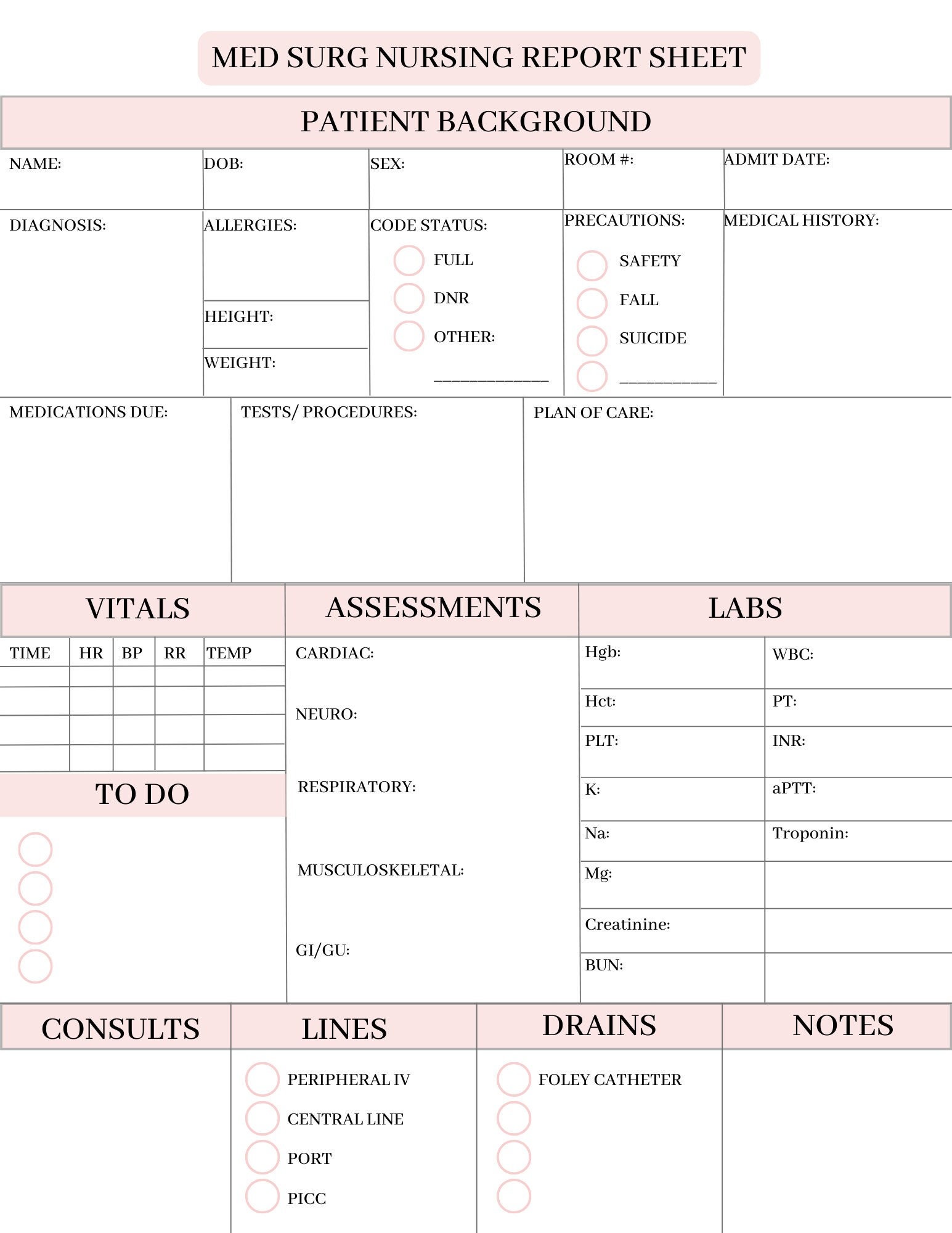 Med Surg Nurse Patient Report Sheet - Etsy