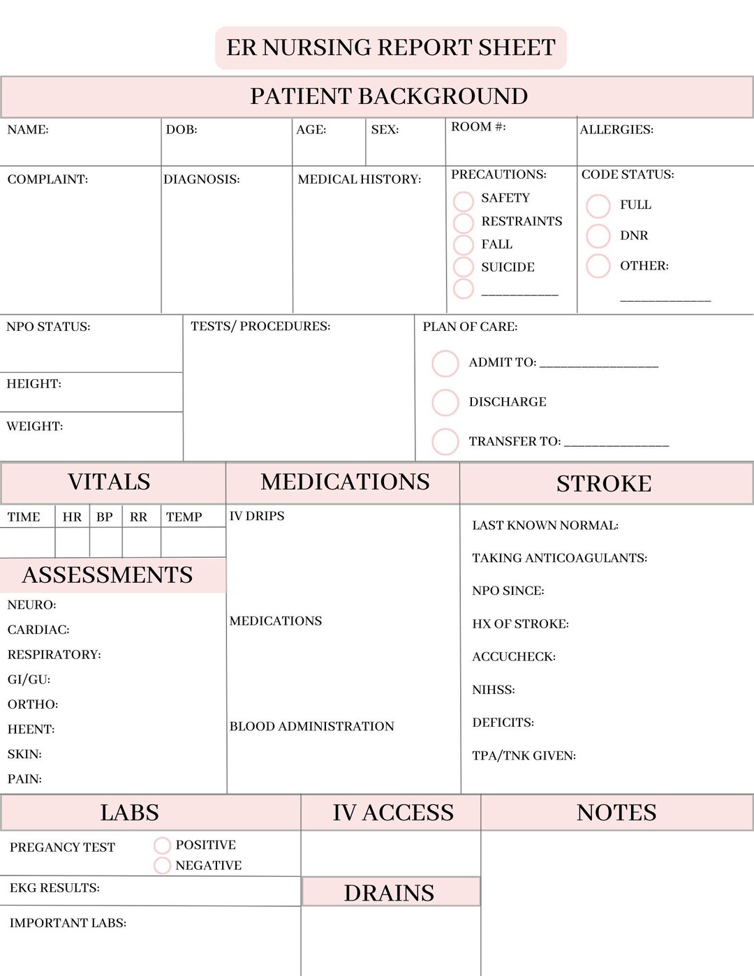 Emergency Room Nurse Report Sheet - Etsy