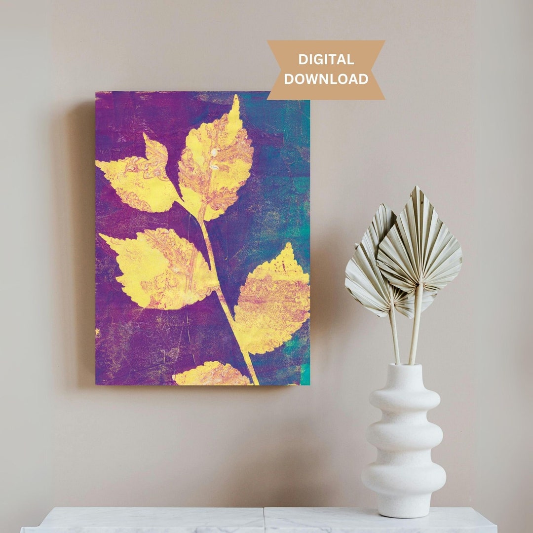 Abstract Golden Leaf Printable Art, Modern Botanical Wall Art, Purple ...