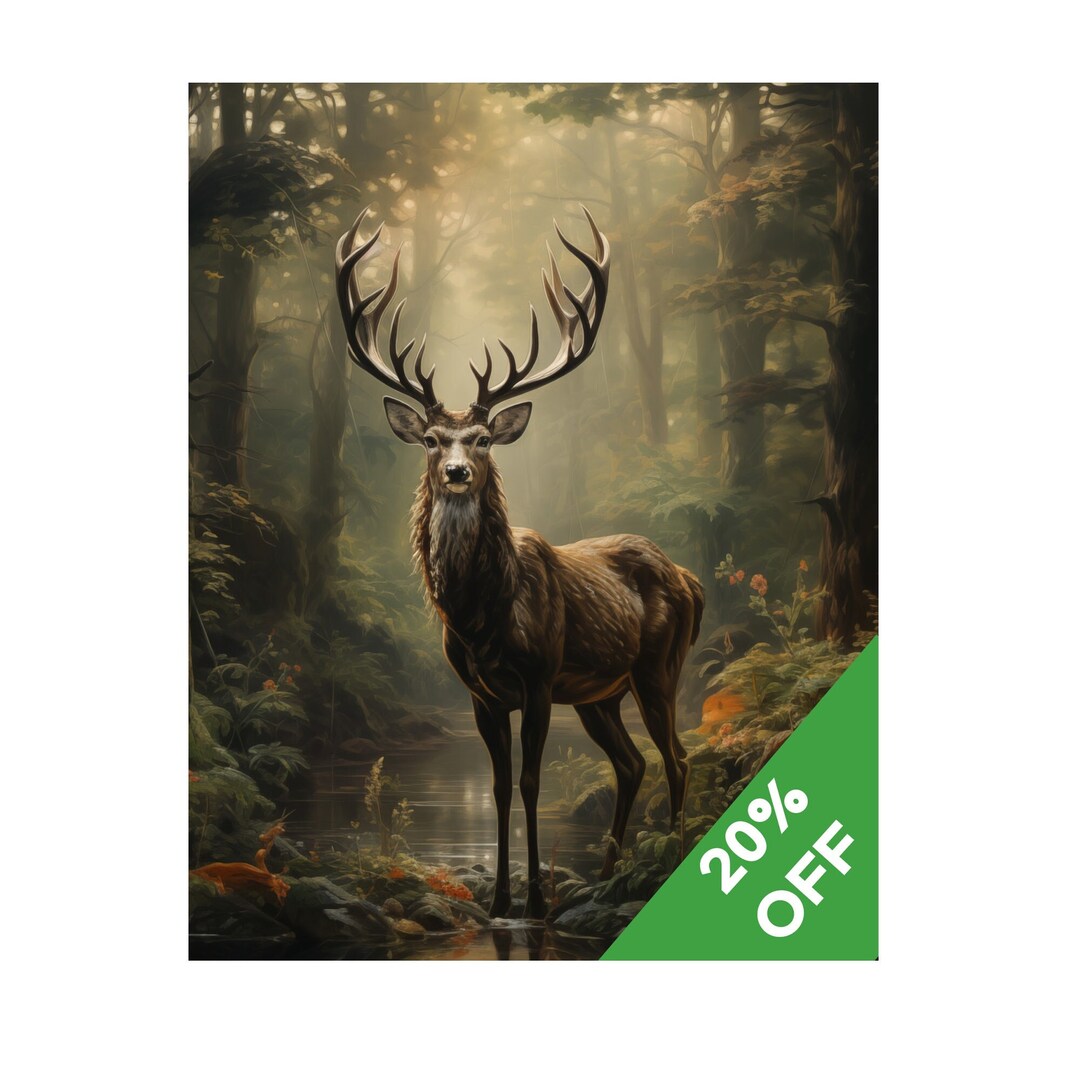 Deer in Forest, Deer Wall Art Print, Deer Antler Art, Forest Animal Art ...