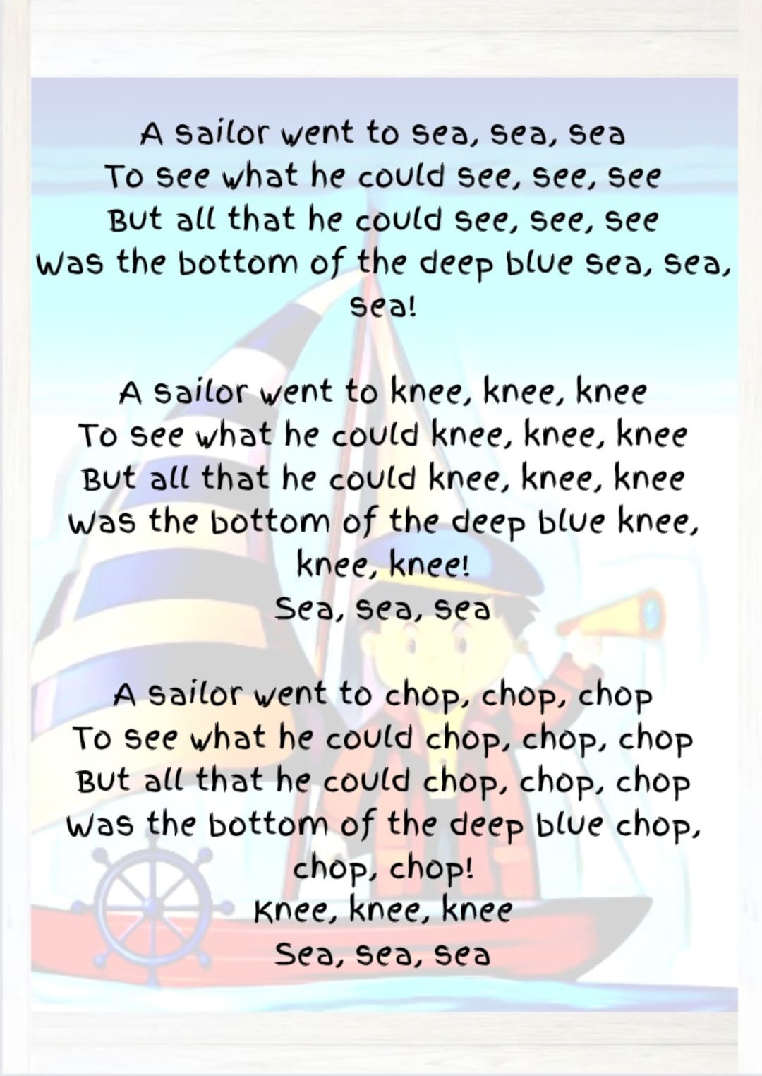 A Sailor Went to Sea, Sea, Sea Nursery Rhyme A4 Glossy Poster - Etsy