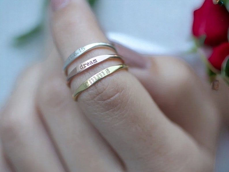 Custom Delicate Name Ring Custom Stacking Rings Skinny Custom Ring Bridesmaids Gift Baby Name ...