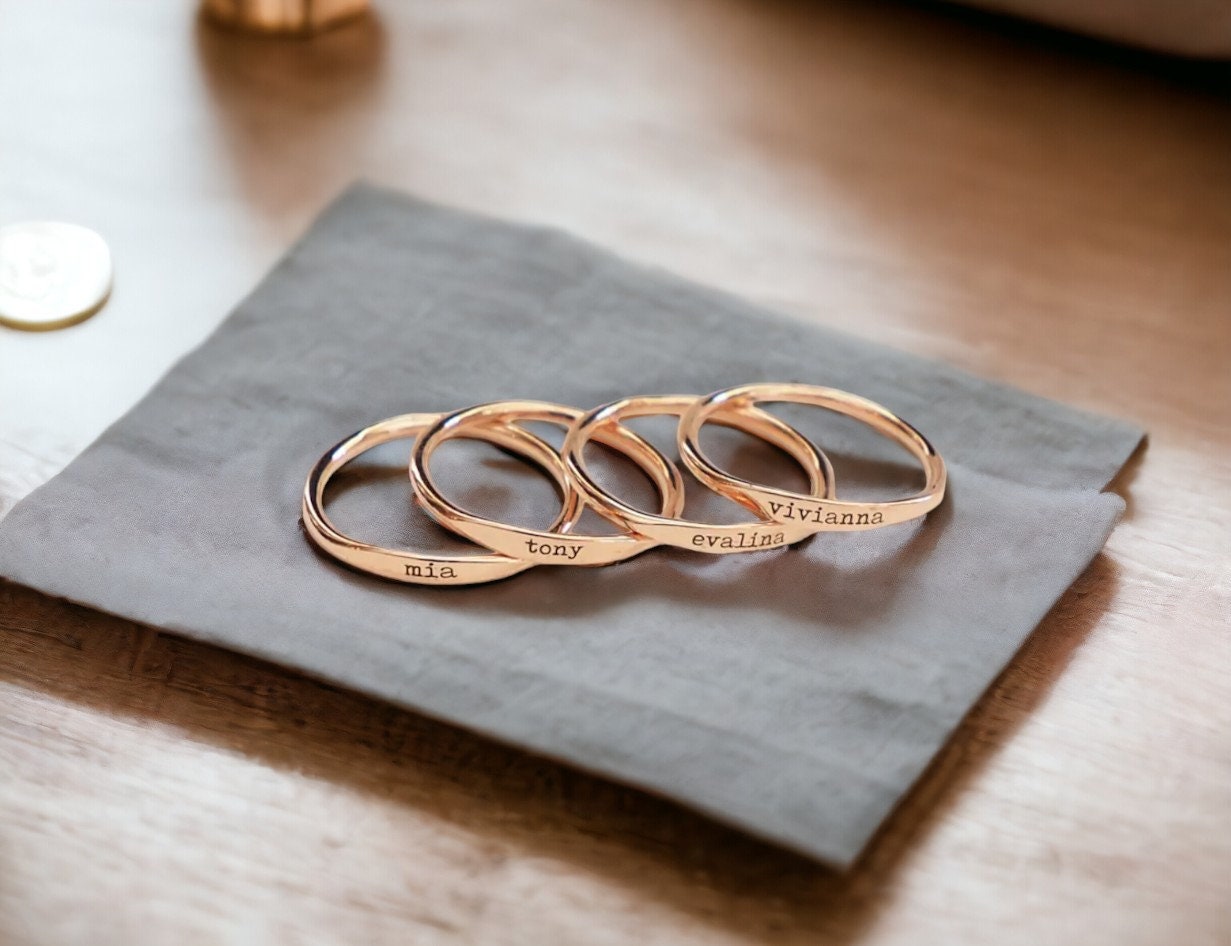 Custom Delicate Name Ring Custom Stacking Rings Skinny Custom Ring Bridesmaids Gift Baby Name ...