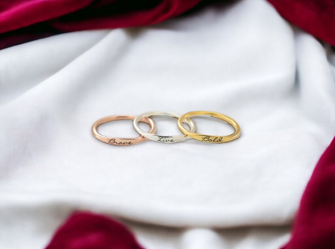 Custom Delicate Name Ring Custom Stacking Rings Skinny Custom Ring Bridesmaids Gift Baby Name ...