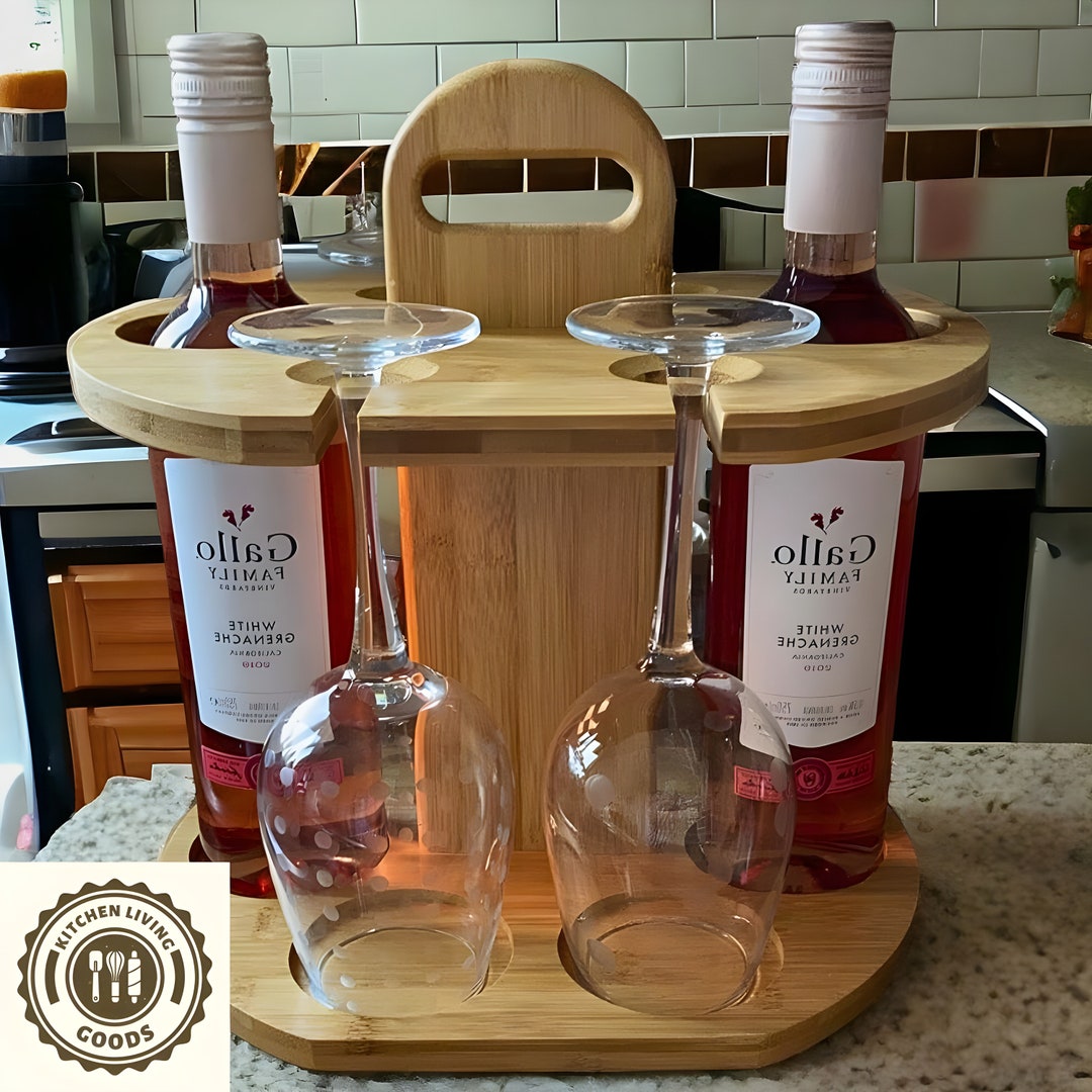 Wooden Wine Bottle and Glass Rack With Handle Oval Wine Glass Holder ...