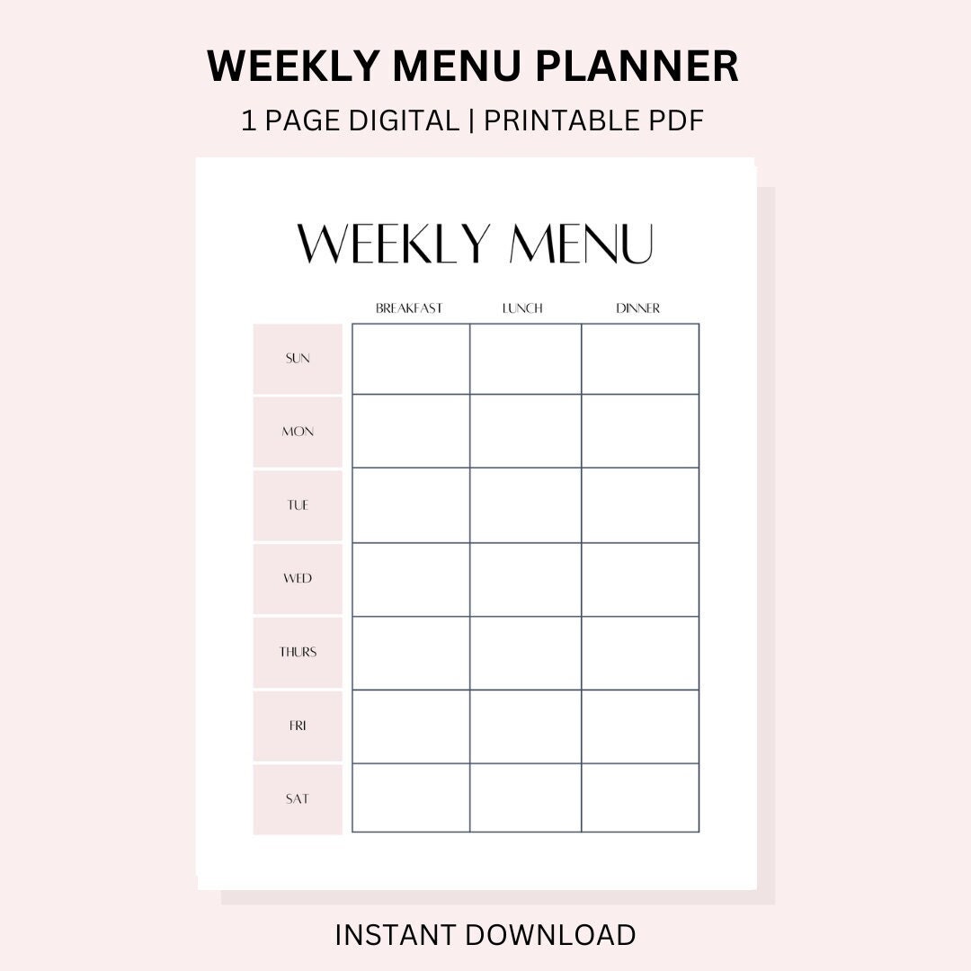 Simple Weekly Menu Planner - Etsy