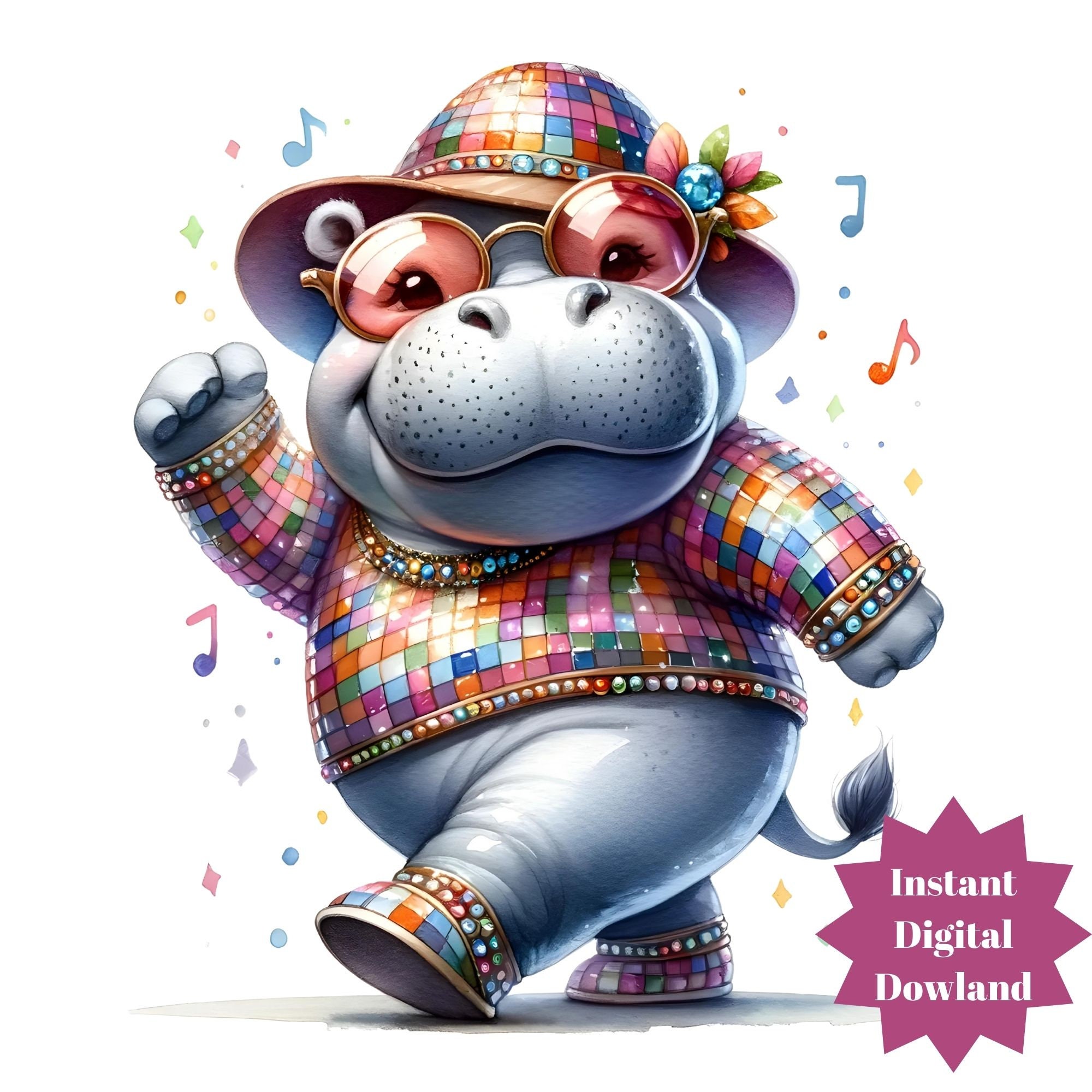 Hippo Rocking Out in Classic 80's Outfit Clipart Digital Dowland - Etsy
