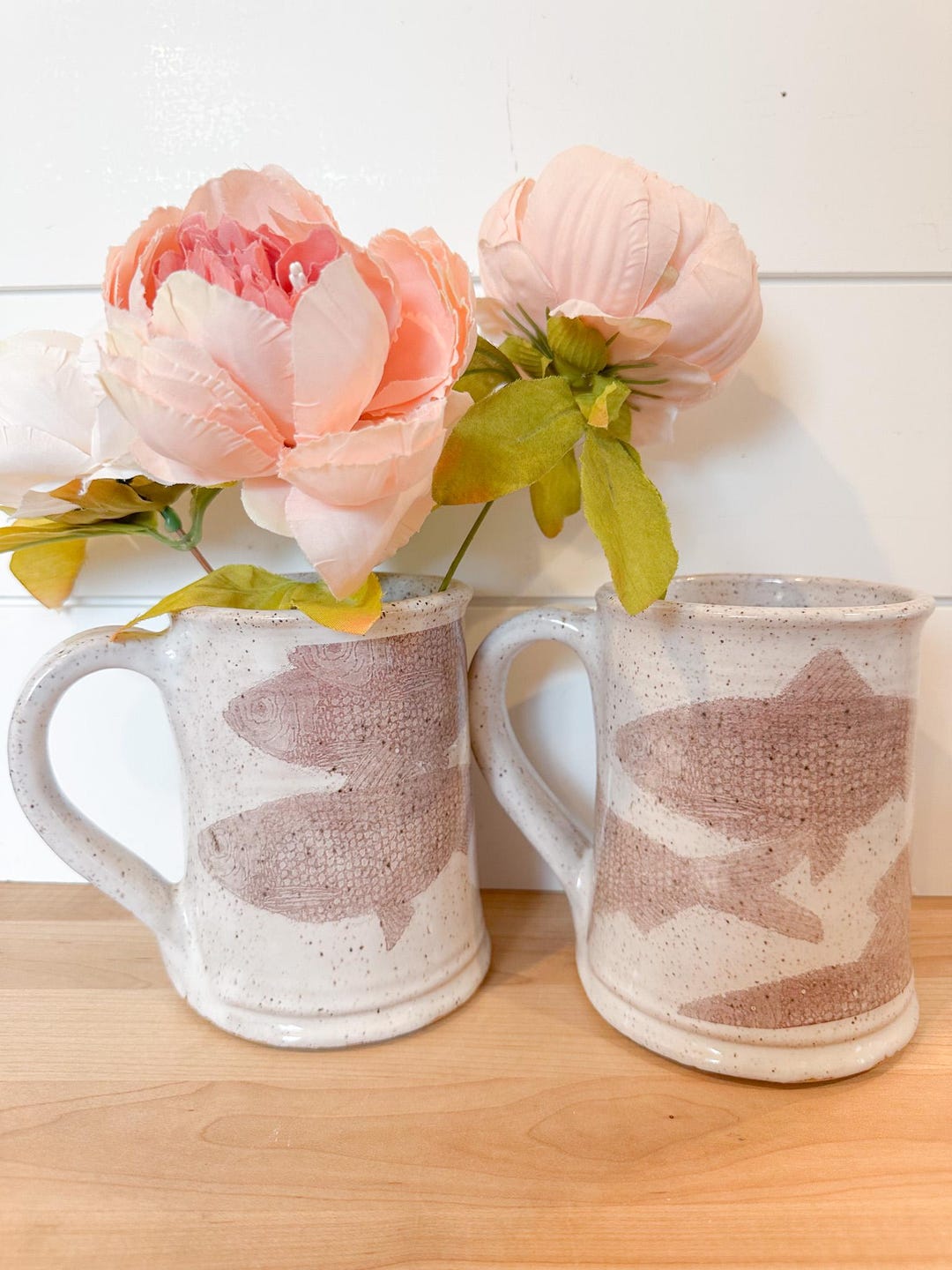18 Oz. Rustic Ceramic Fish Mugs - Set of Two Handmade Style Speckled ...