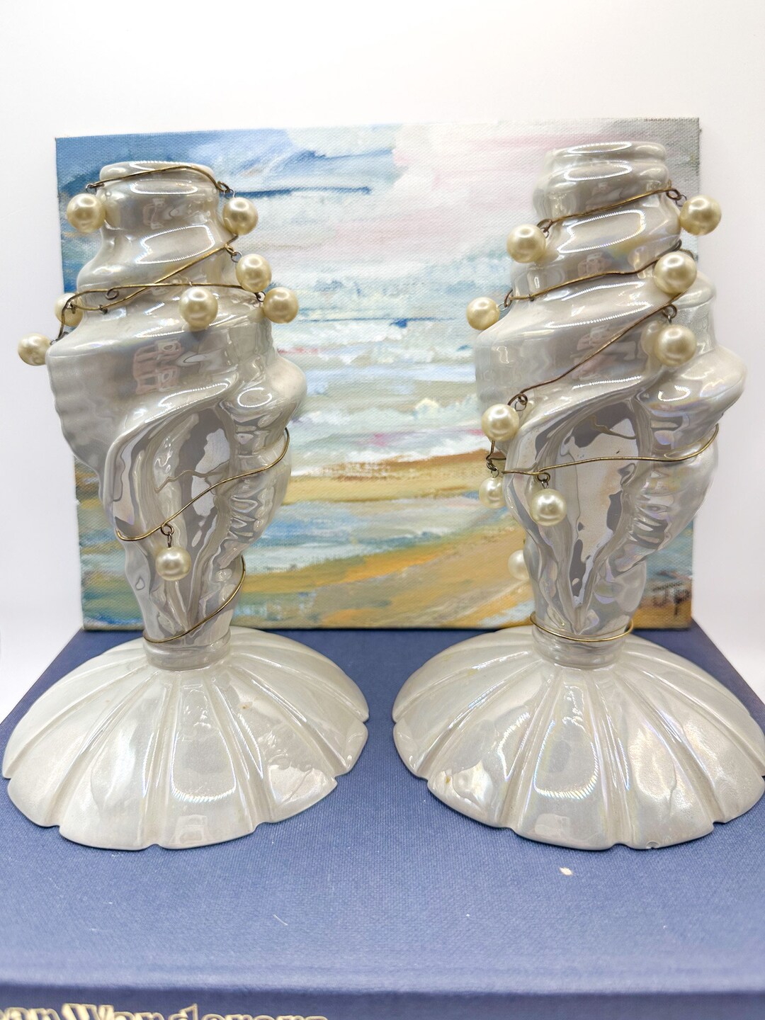 1980s Pearlescent Conch Shell Candlestick Holders With Wire and Pearl ...
