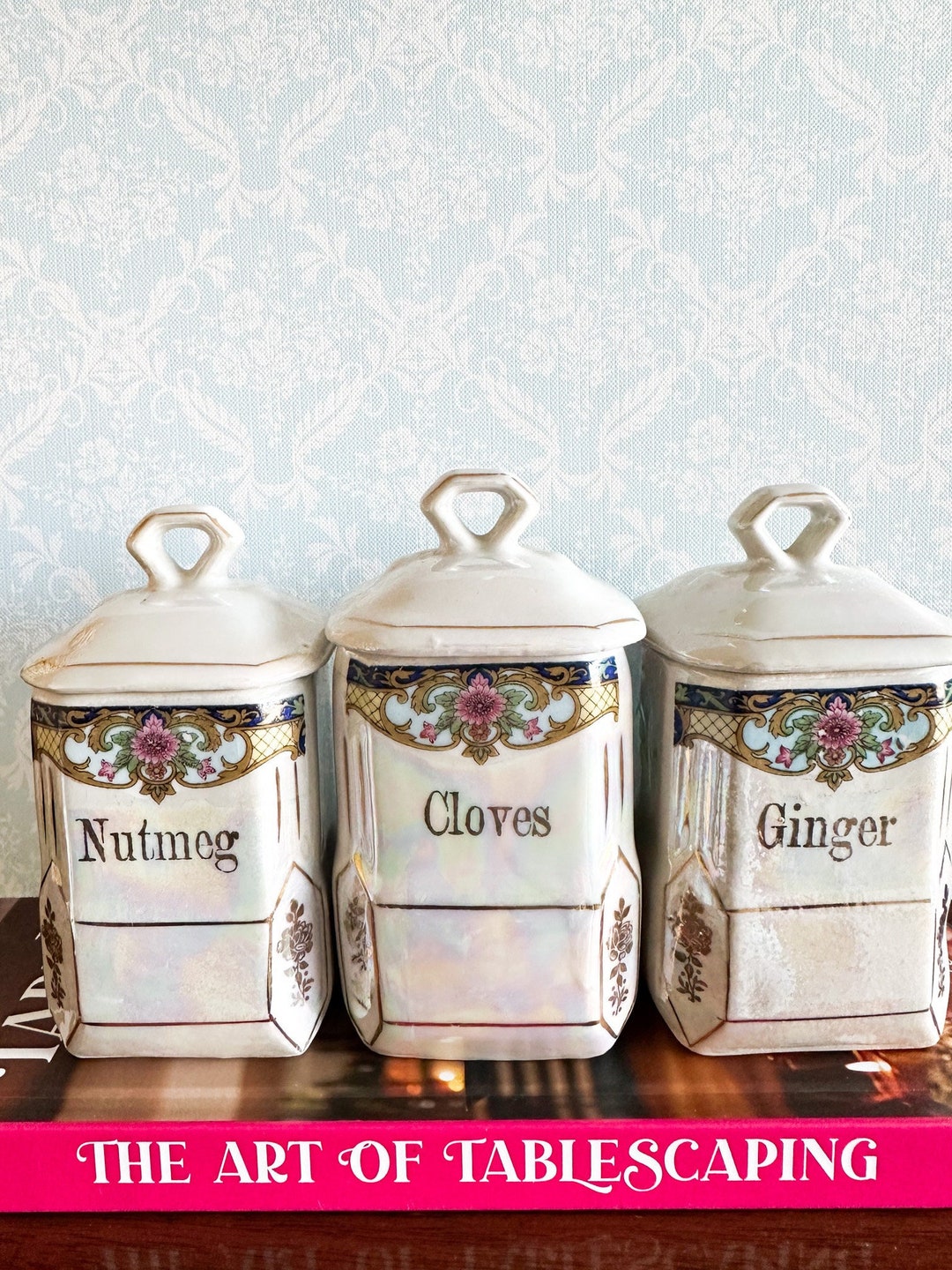 Vintage White Block Germany Lusterware Spice Jars Nutmeg Ginger Cloves ...