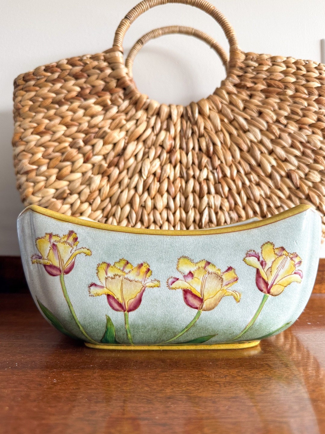 Vintage Ceramic Jardinière Botanical Planter Decorated With Pink and ...