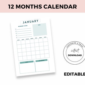 12 Months Calendar Digital Calendar Monthly Calendar Notes Calendar ...