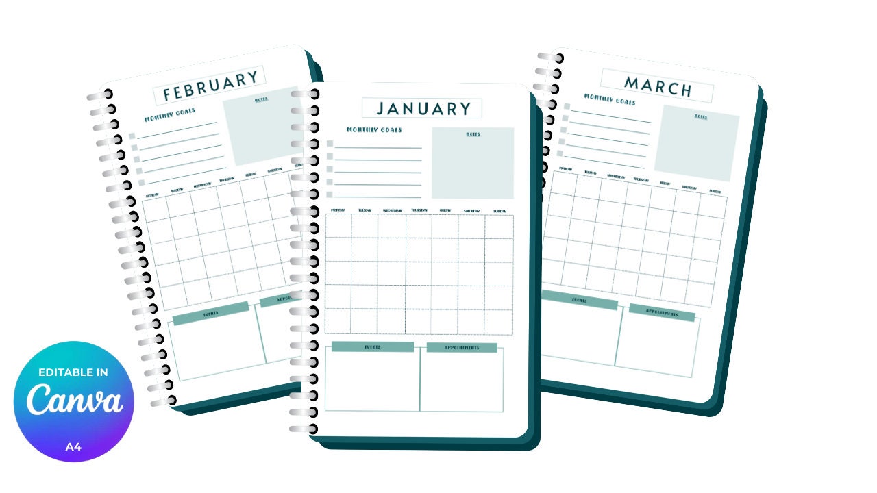 12 Months Calendar Digital Calendar Monthly Calendar Notes Calendar ...