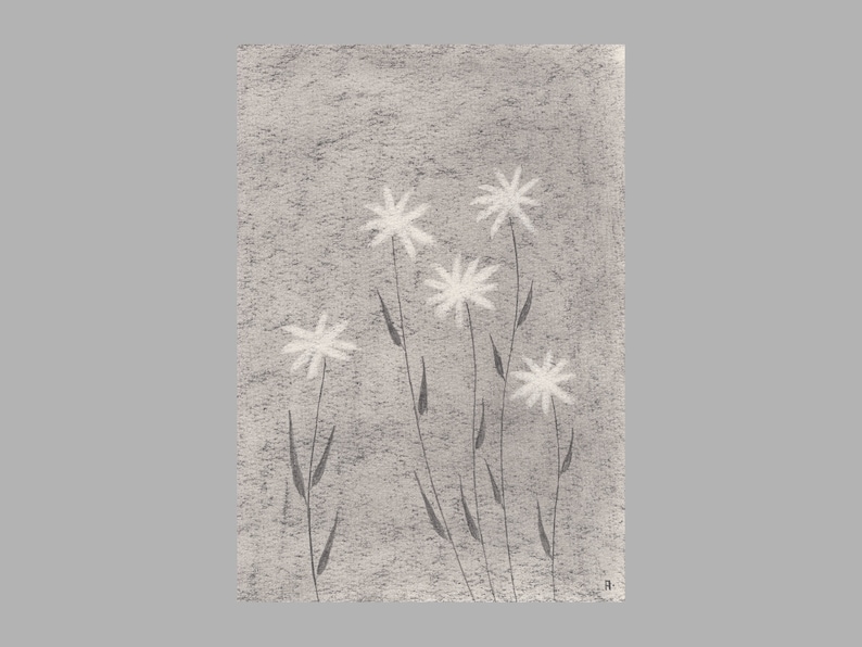 Gray Flowers Original Art Drawing Artwork Pencil Graphite Floral Hand ...