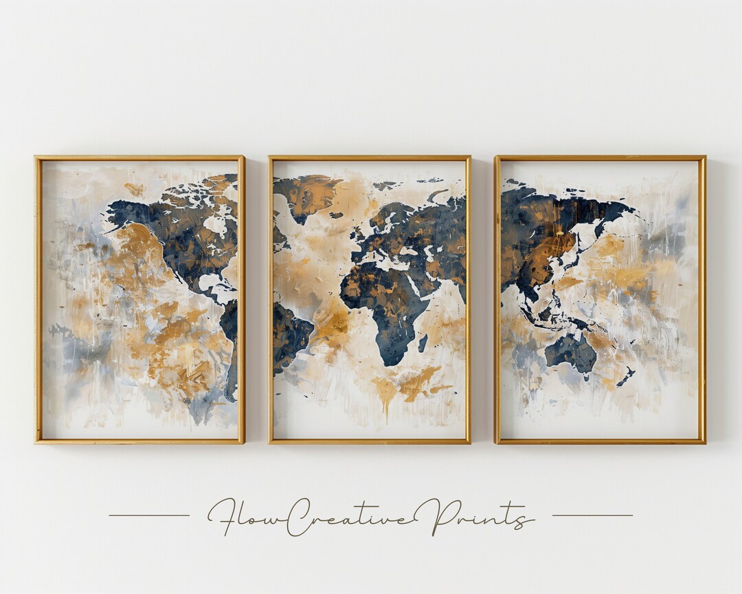 World Map 3 Print Art Set - Antique Printable Poster Gift, Trendy Wall ...