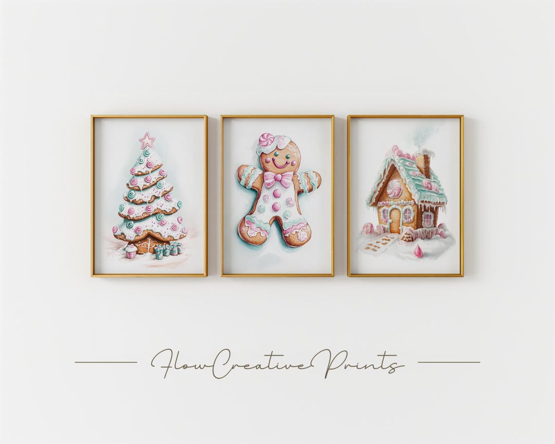 Gingerbread Christmas Art Set | Pastel Cottagecore Holiday Wall Art ...