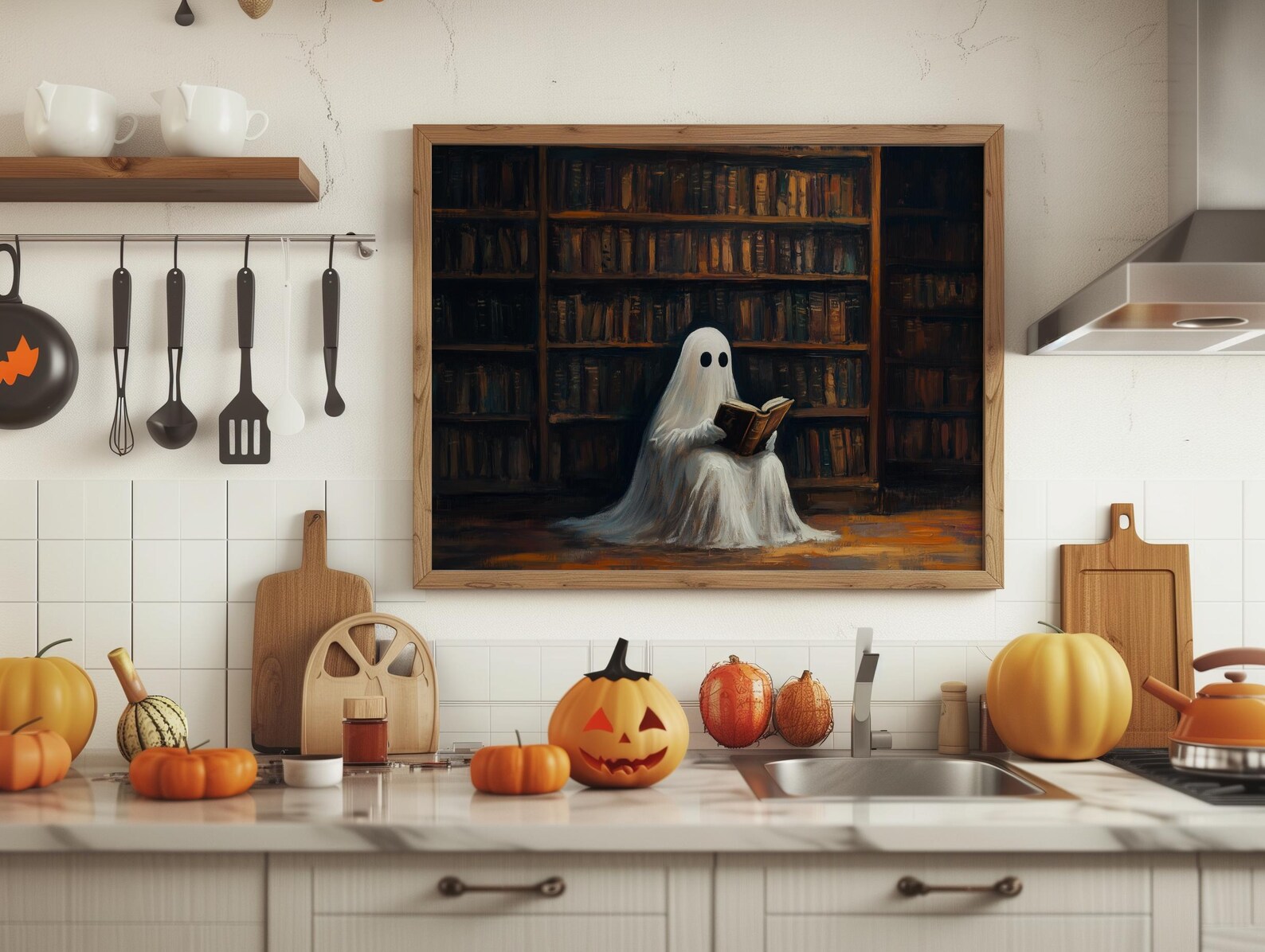 Ghost in a Library Reading a Book - Quirky Halloween Painting | Vintage ...