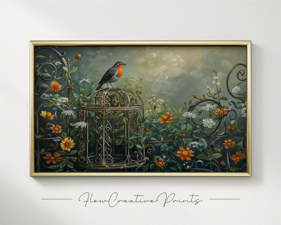 Rustic Charm: Vintage Robin Bird Illustration on Antique Birdcage ...