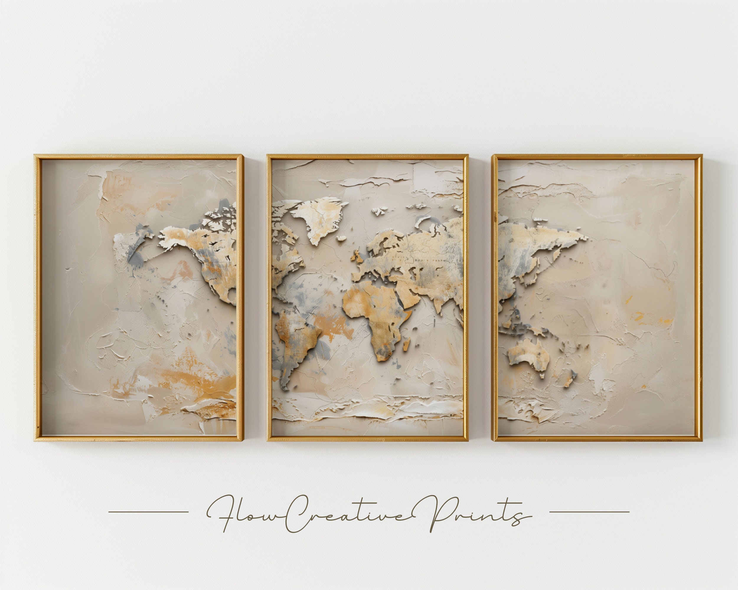 World Map Wall Art - 3 Panel Set, Antique Printable Poster Gift, Trendy ...