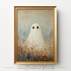 Cute Ghost on a Meadow Painting - Quirky and Moody Romantic Halloween ...