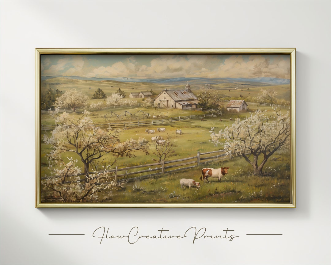 Springtime Nostalgia: Digital Farm Life Scene - Farmers, Grazing ...