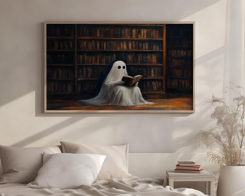 Ghost in a Library Reading a Book - Quirky Halloween Painting | Vintage ...