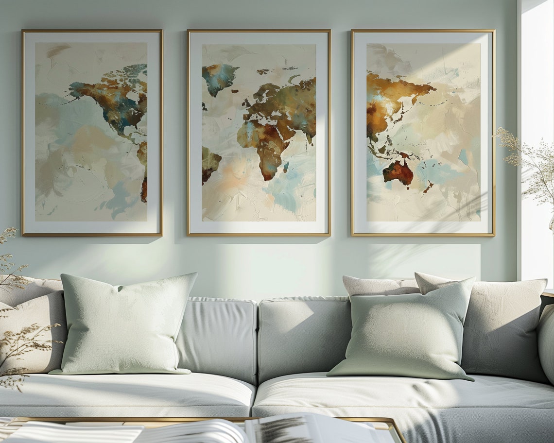 World Map Wall Art - 3 Print Set, Antique Printable Poster Gift, Trendy ...