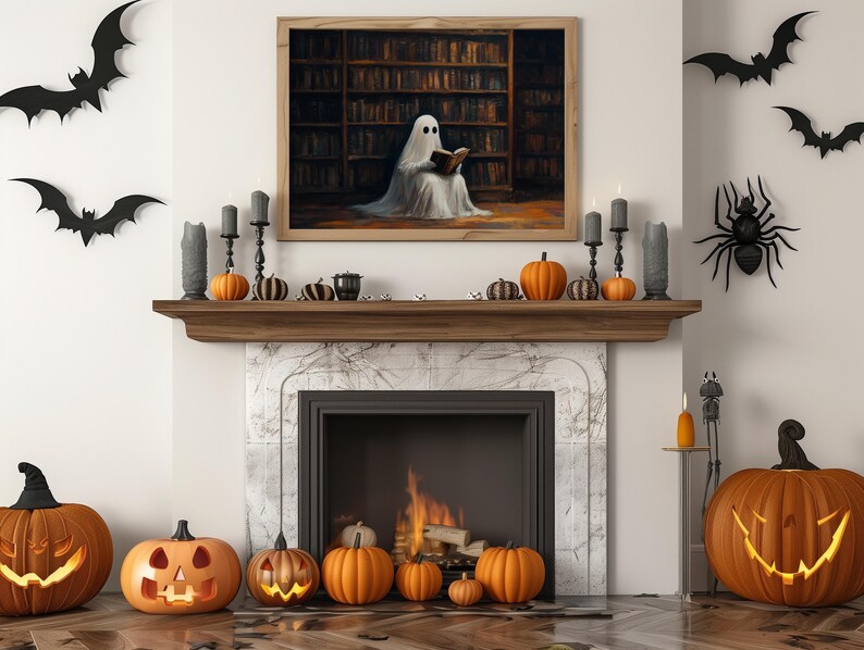Ghost in a Library Reading a Book - Quirky Halloween Painting | Vintage ...