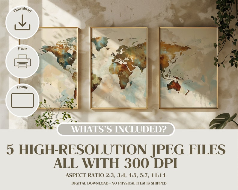 World Map Wall Art - 3 Print Set, Antique Printable Poster Gift, Trendy ...