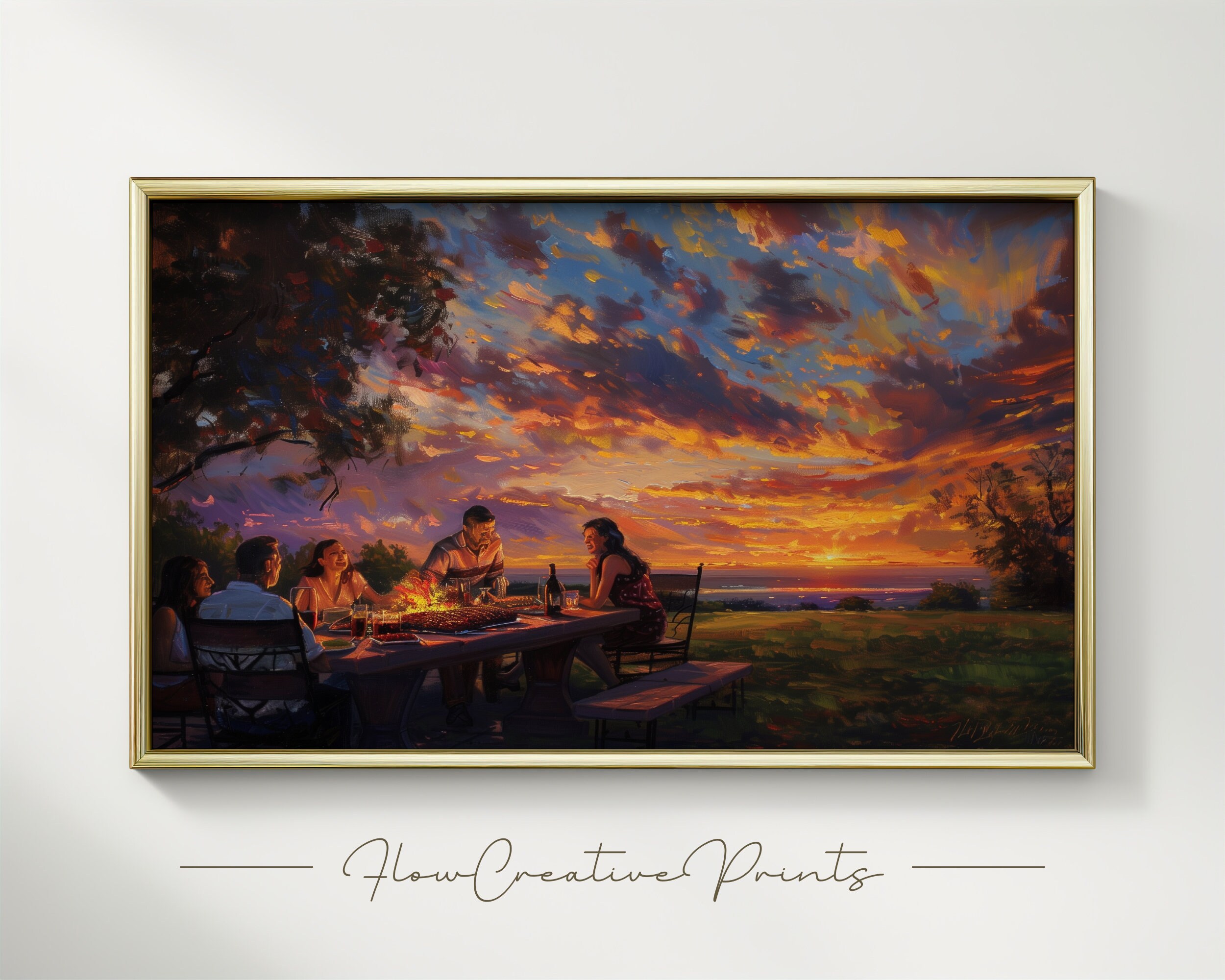 Sundown Celebration: Vintage Sunset BBQ Digital Oil Painting, Nostalgic ...