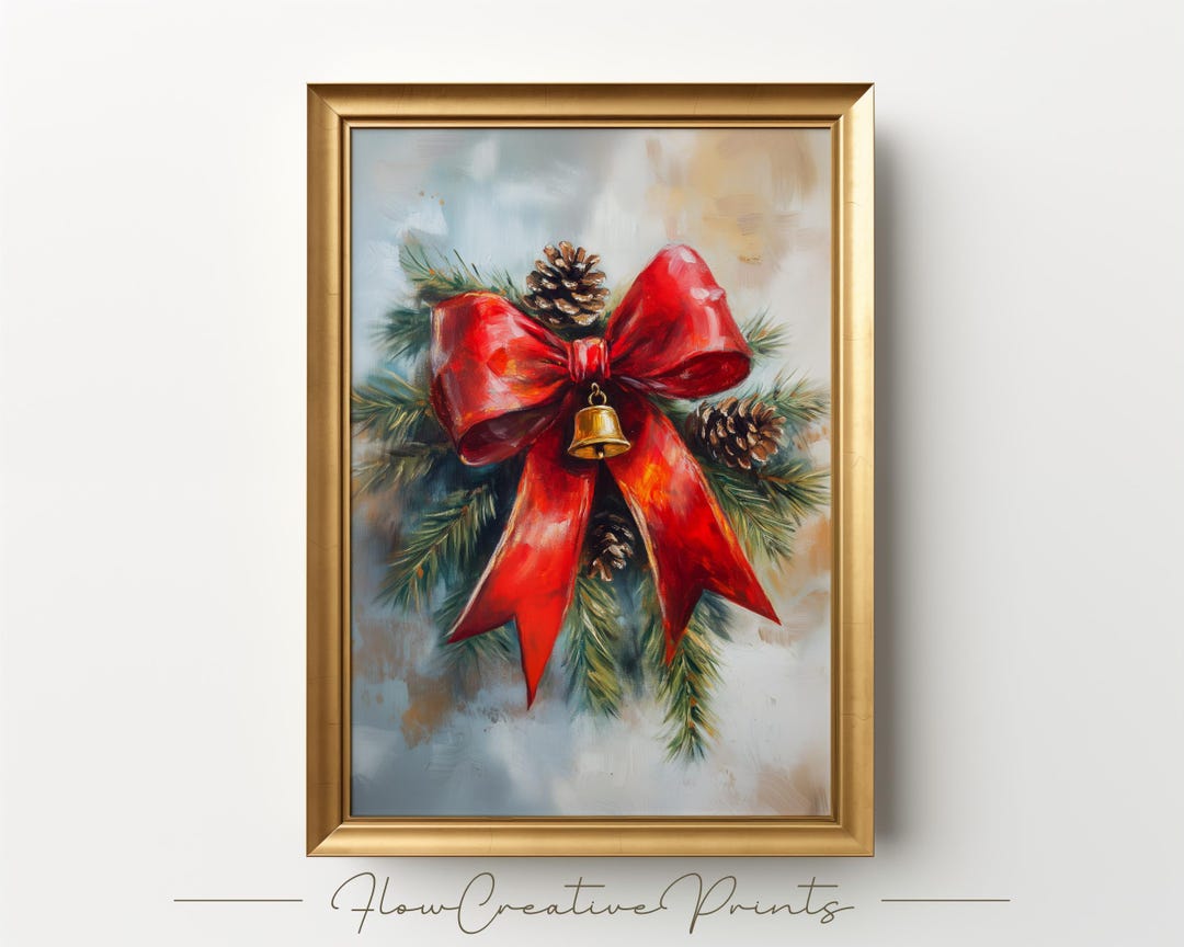 Red Christmas Bow With Bell Printable Poster | Moody Holiday Wall Art ...