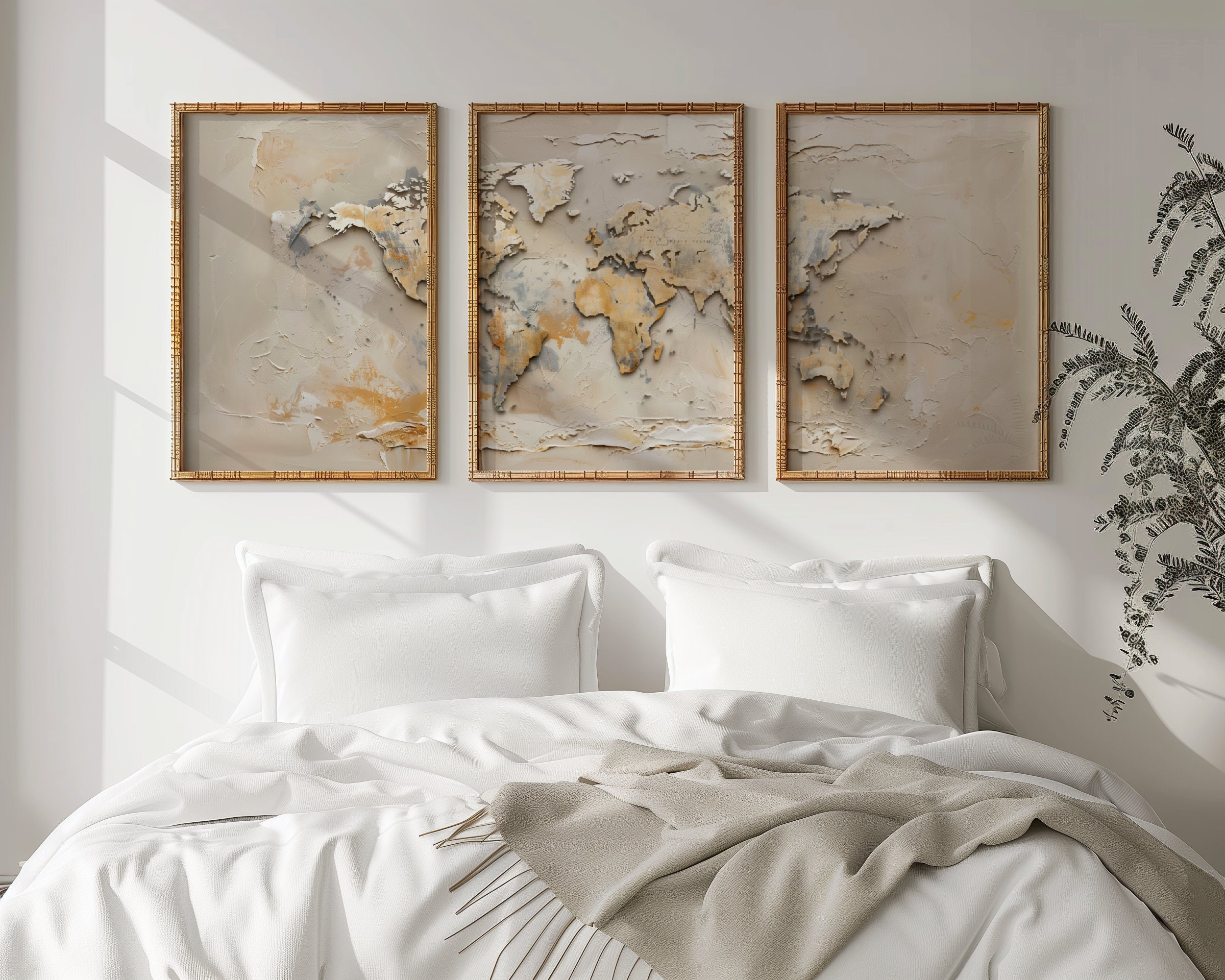 World Map Wall Art 3 Panel Set, Antique Printable Poster Gift, Trendy ...
