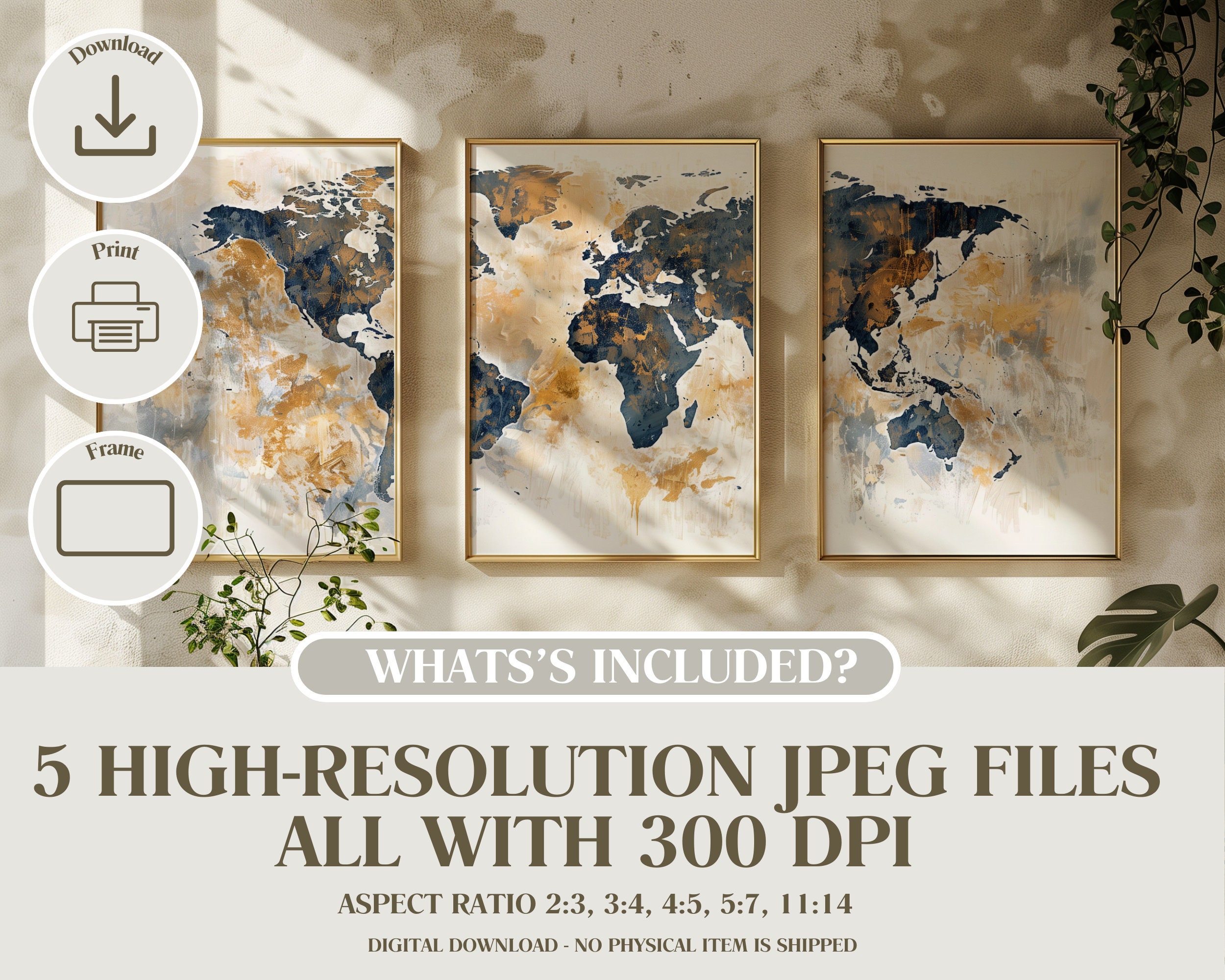 World Map 3 Print Art Set Antique Printable Poster Gift, Trendy Wall ...