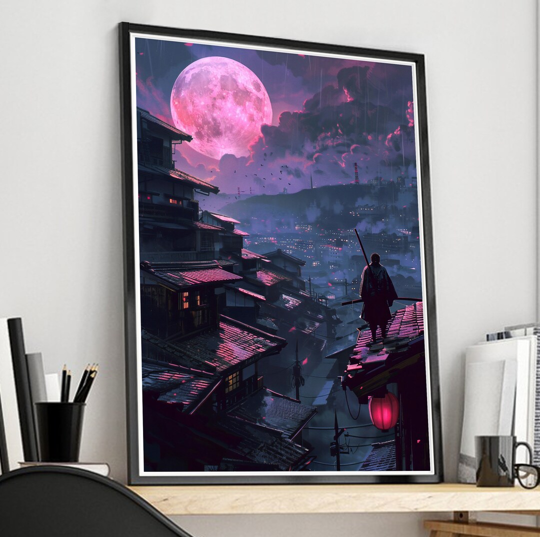 Samurai on Rooftops in Moonlight, Watercolor Art, Single Print, Boys ...