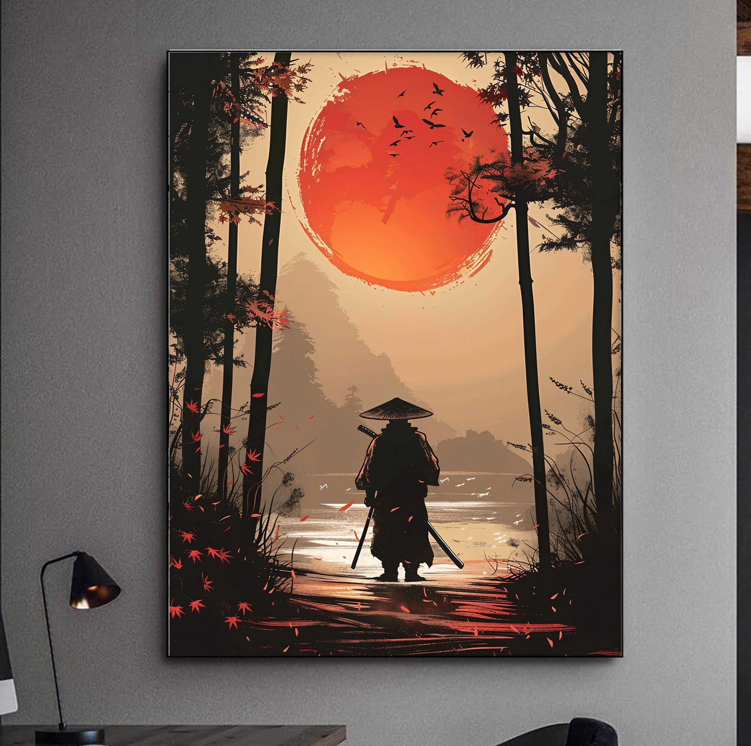 Abstract Artwork Featuring a Samurai in a Bamboo Forest at Sunset ...