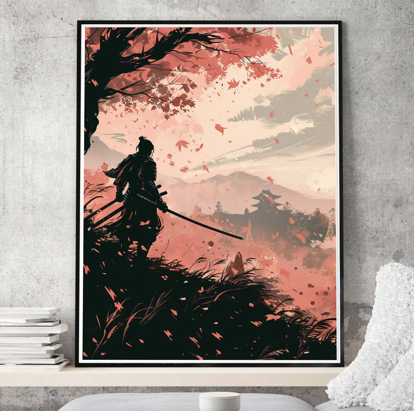 Abstract Depiction of a Samurai in a Japanese Landscape, Styled in Boho ...