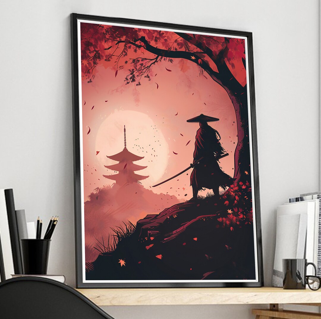 Abstract Samurai in Japanese Landscape With Sunrise Behind Mountains ...