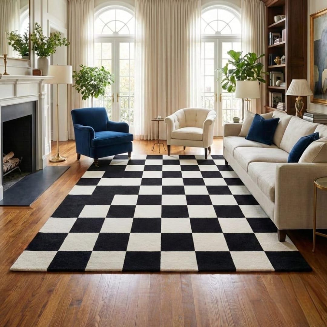 Black White Checkered Rug, Hand Tufted Wool Area Rug, Modern ...