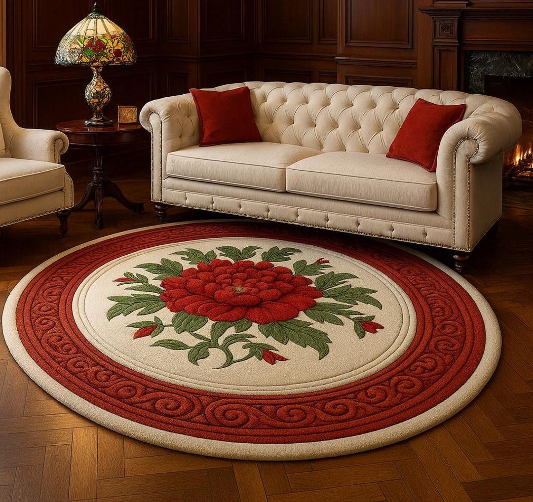 Red Floral Medallion Round Rug – Elegant Red & Cream Carpet With Green ...