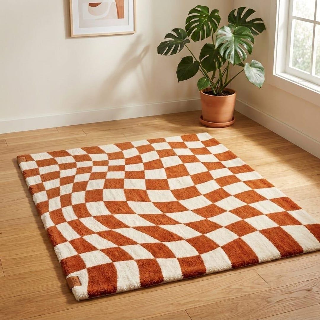 Modern Checkerboard Wavy Tufted Rug, Retro Geometric Area Decor - Etsy