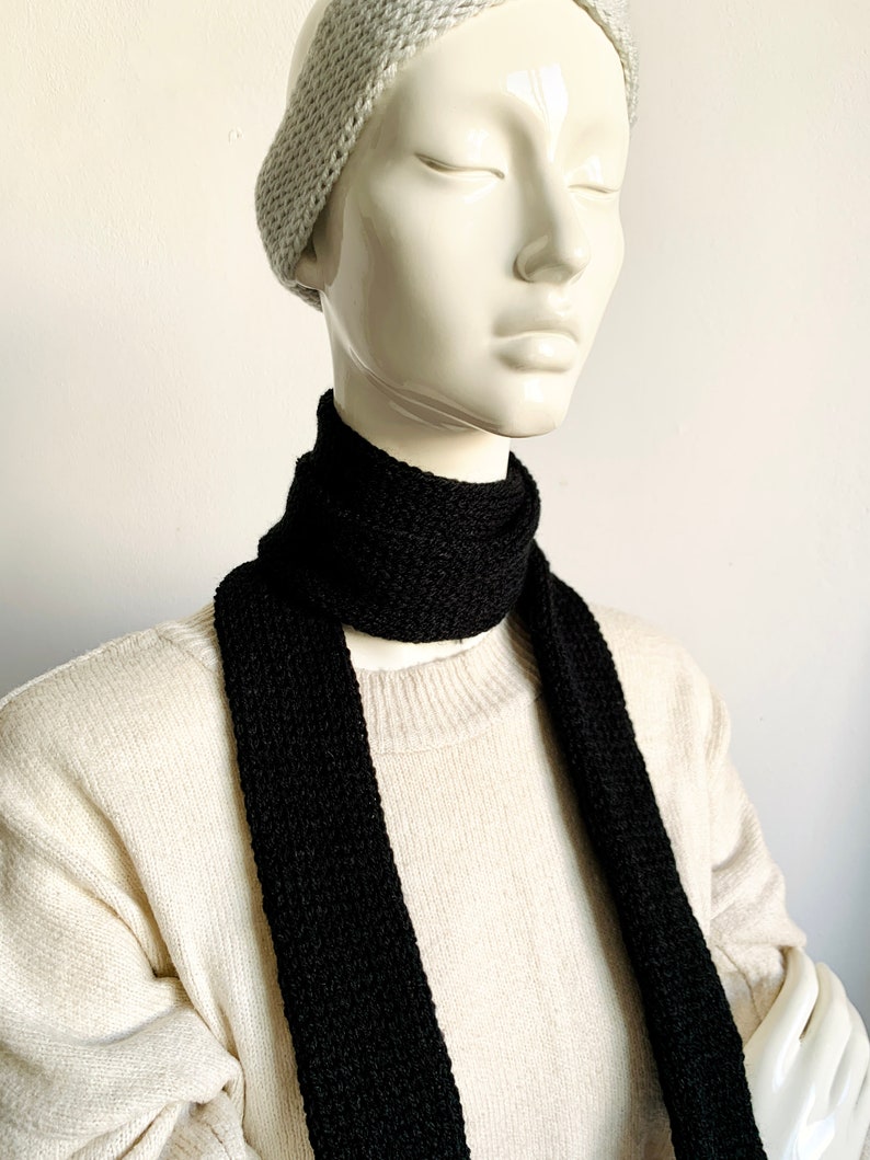 Skinny Scarf, Black Skinny Knit Scarf, Handmade Black Long Scarf Tie ...