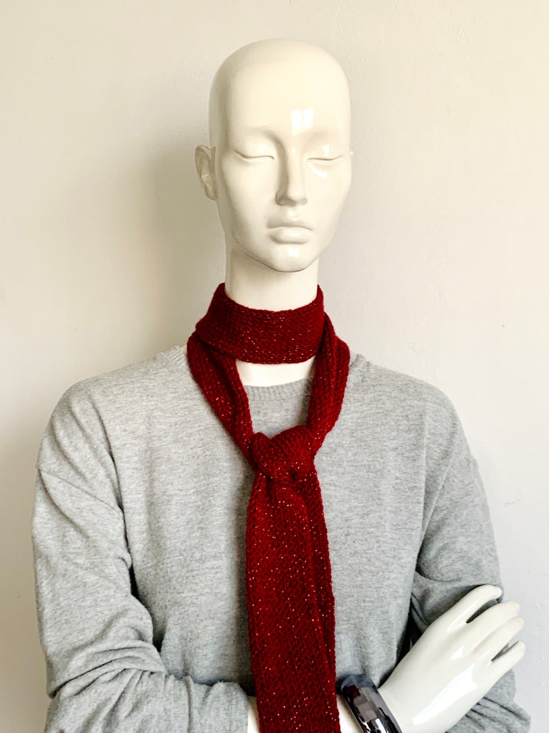 Handmade Sparkling Burgundy Skinny Scarf: Elegant Maroon Knit Tie - Etsy