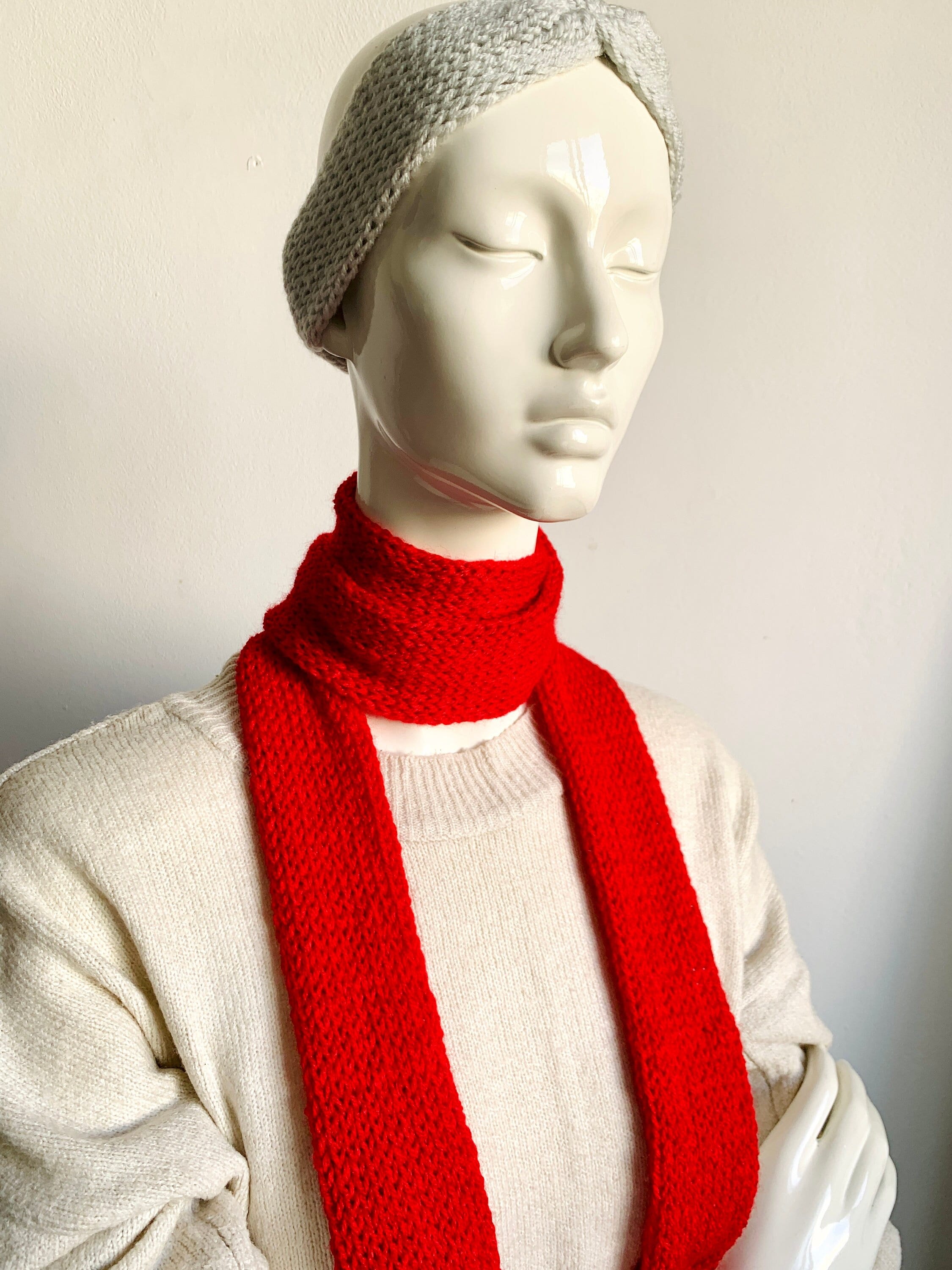 Skinny Scarf, Red Skinny Knit Scarf, Handmade Red Long Scarf Tie, Red ...
