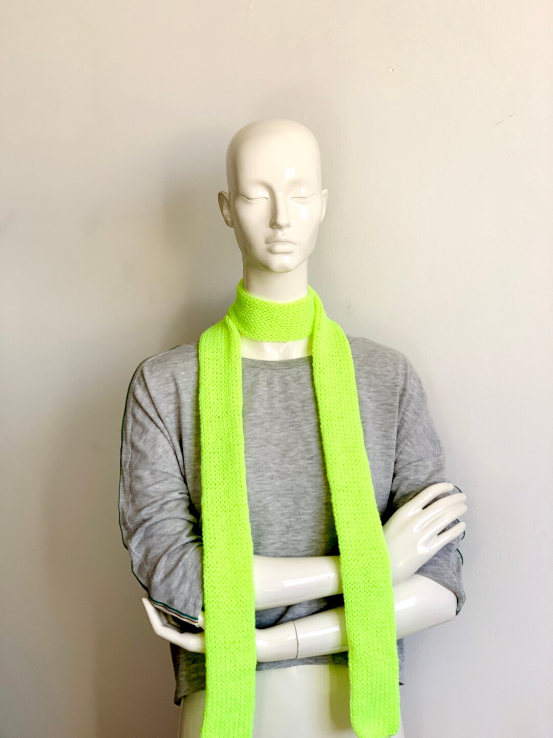 Neon Green Knit Skinny Scarf: Long Yellow Fluorescent Scarf Tie - Etsy