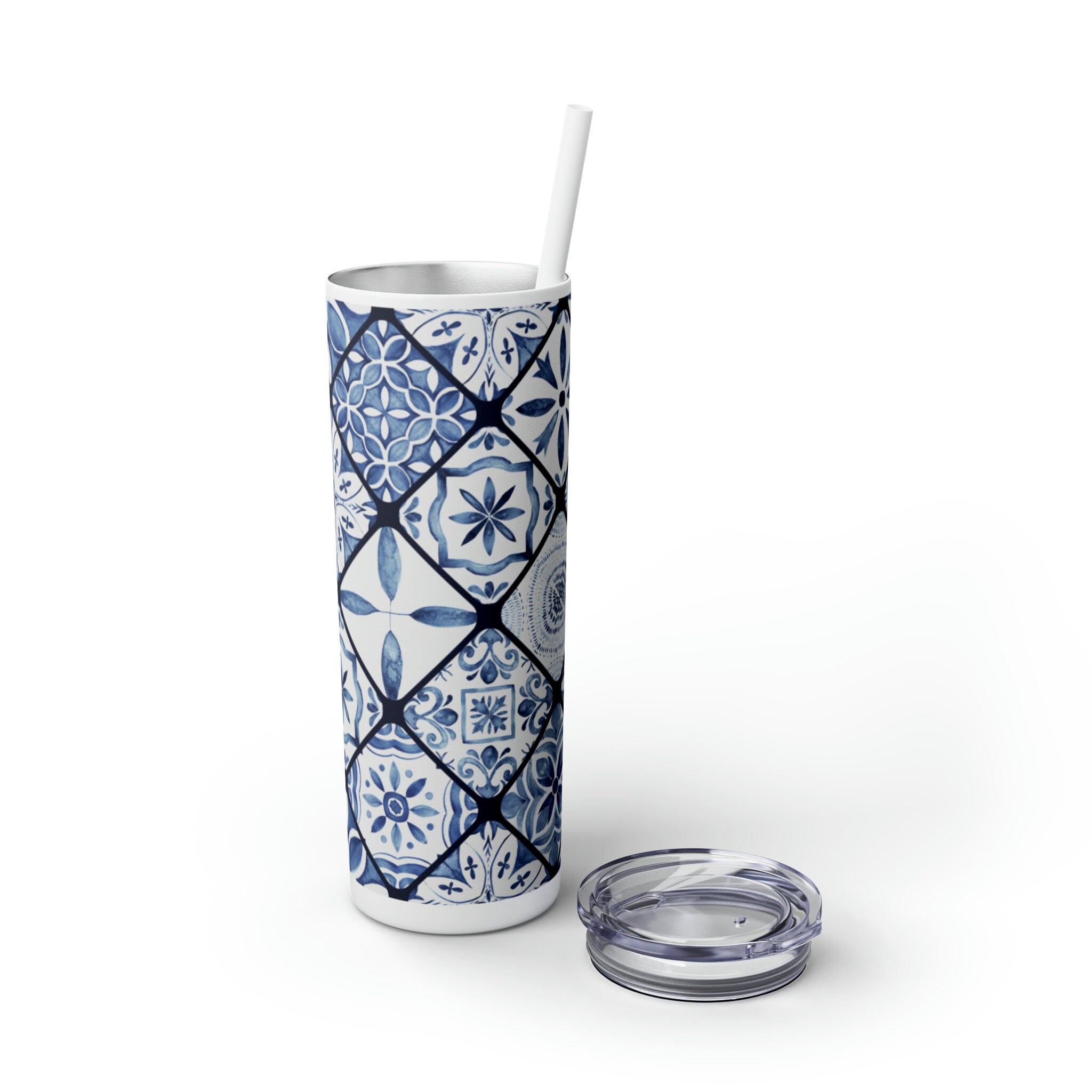 Azulejo Portuguese Tile Inspired Tumbler With Straw, 20oz, Portugal ...